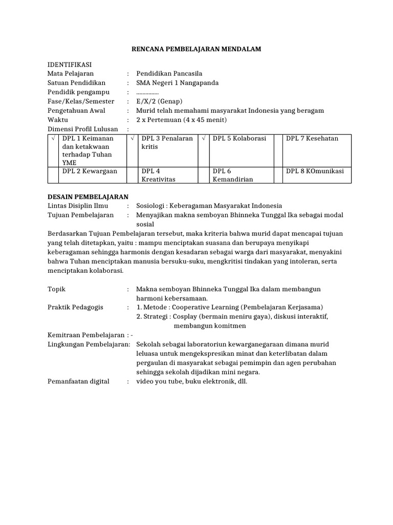 Contoh Rencana Pembelajaran Mendalam | PDF