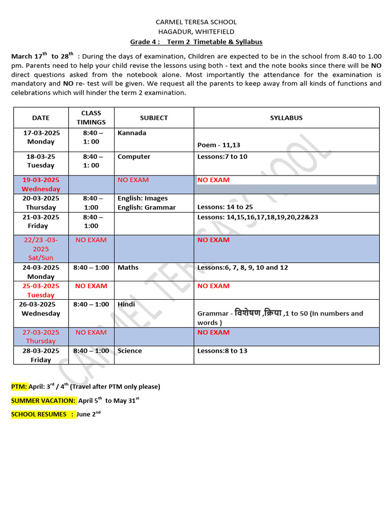 Grade 4 Term 2 Exam Timetable 2025 | PDF