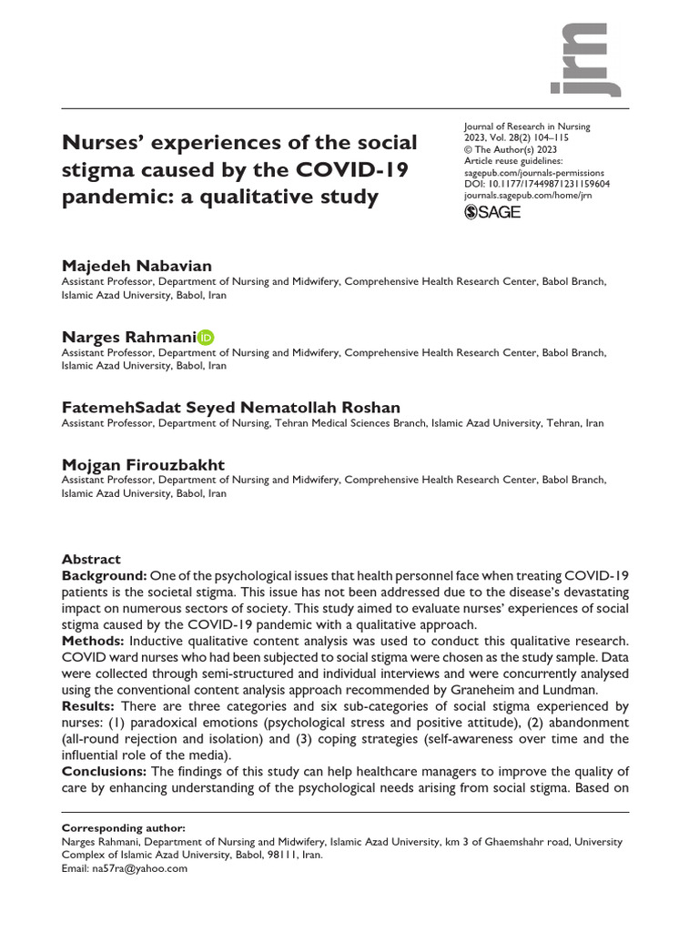 Nurses' Experiences of The Social Stigma Caused by The COVID-19 ...