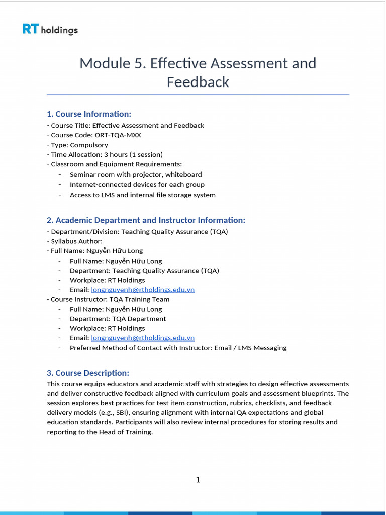 TQA Course Syllabus Module 5 Effective Assessment and Feedback | PDF ...