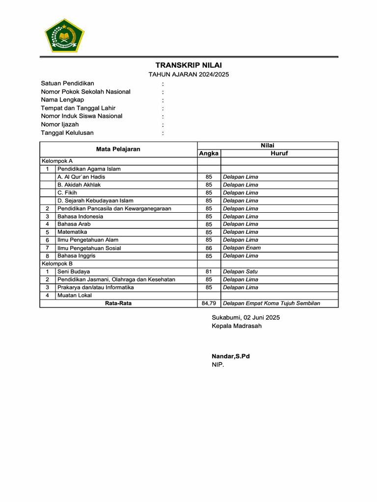 Transkrip Nilai Tingkat MTS Tahun 2025 Contoh | PDF