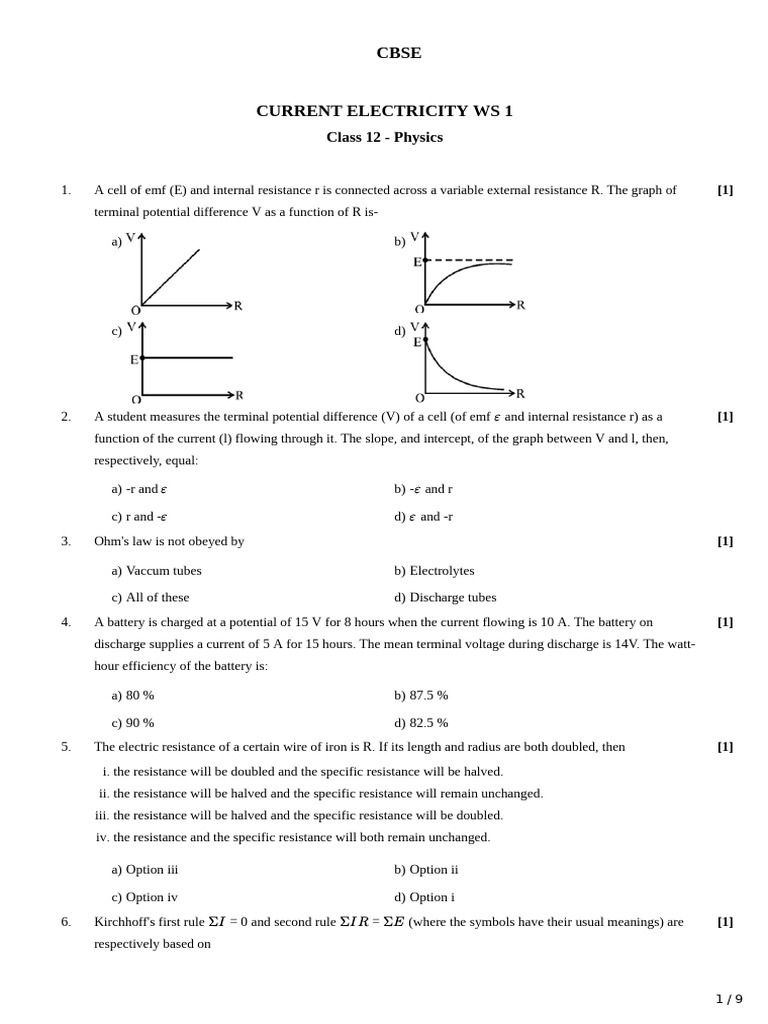 CBSE Class 12 Physics: Current Electricity Worksheet | PDF | Electric ...