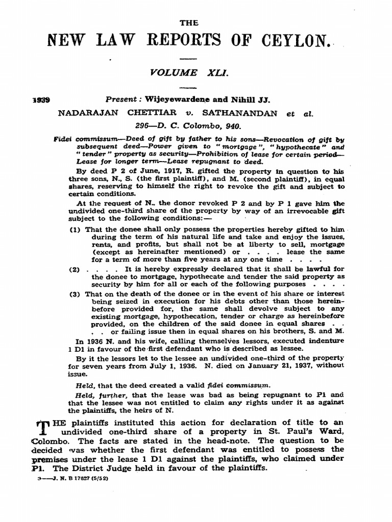 001 NLR NLR V 41 Nadarajan Chettiar v. Sathanandan Et Al | PDF | Lease ...