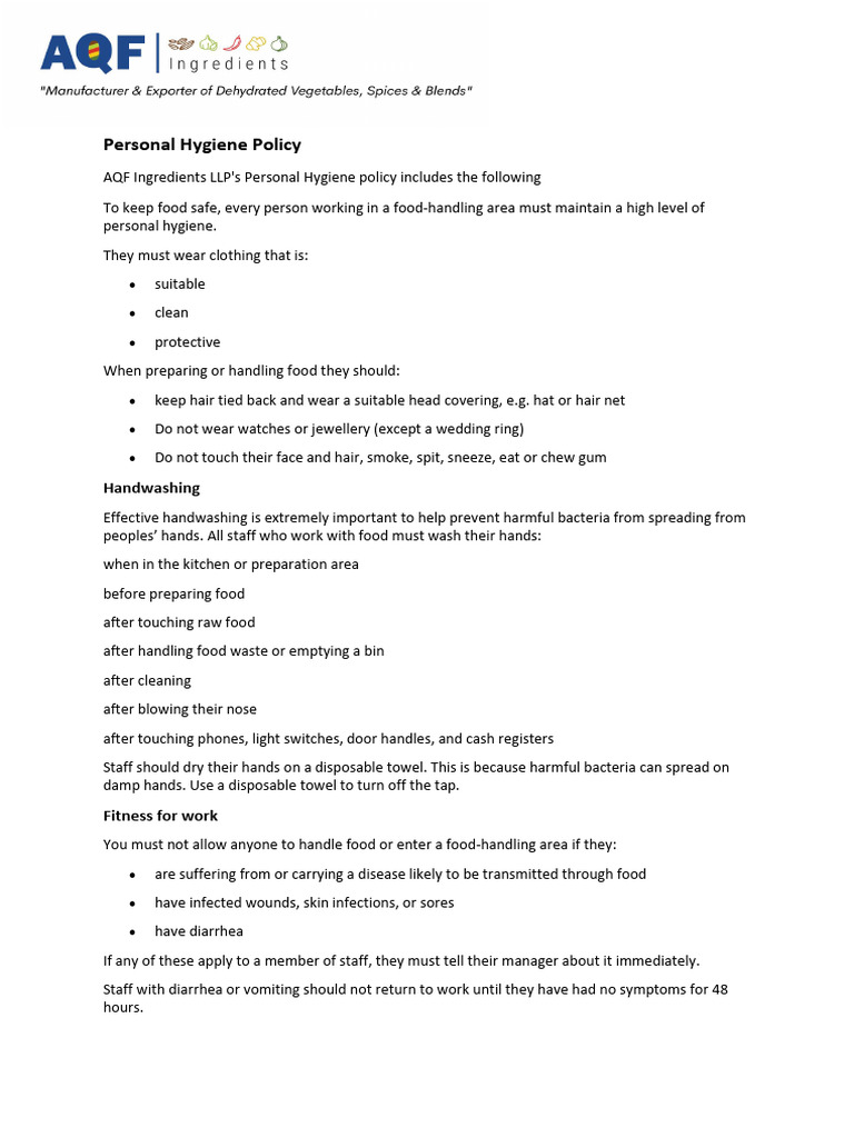 Personal Hygiene Policy for Food Safety | PDF