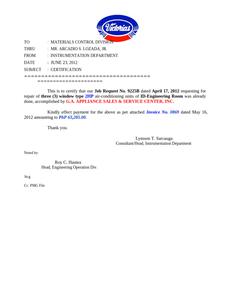 Repair For The Month of April 2012 - (3units-ID Engg. Room) | PDF