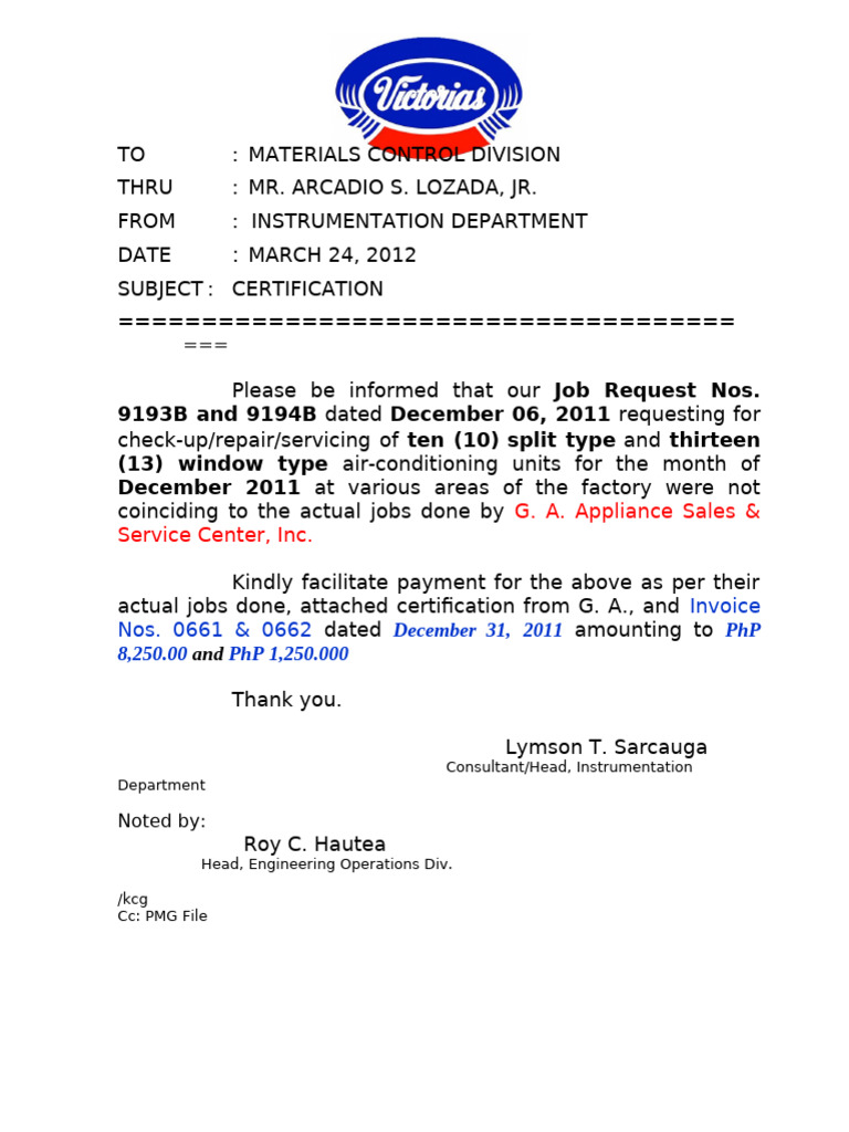 Covering Memo For Certification For Month of December 2011 | PDF