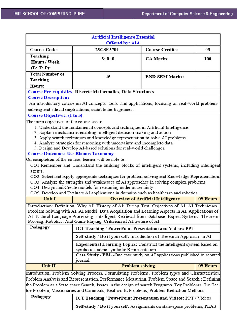 OE - Artificial Intelligence Essential - 23CSE3701-Dr - Niraja Jain | PDF | Knowledge ...