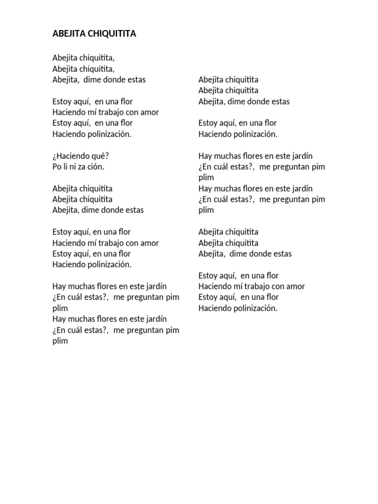 Letra De La Canción Abejita Chiquitita Pdf