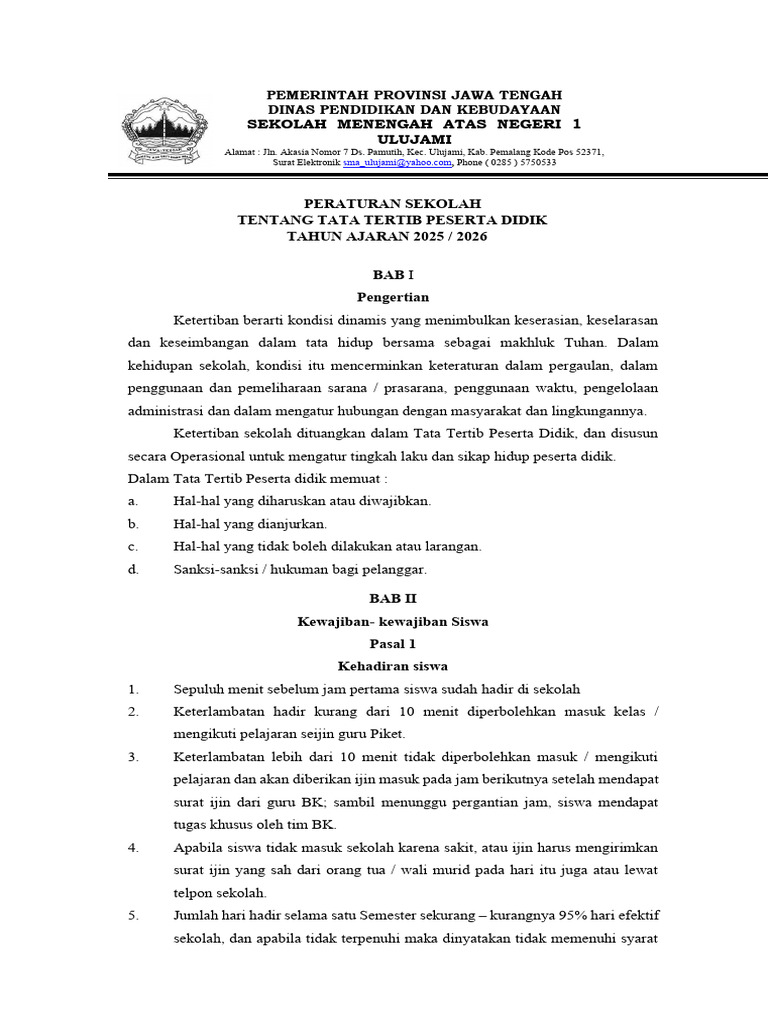 Tata Tertib Peserta Didik Tahun 2025 2026 SMAN 1 Ulujami.. | PDF