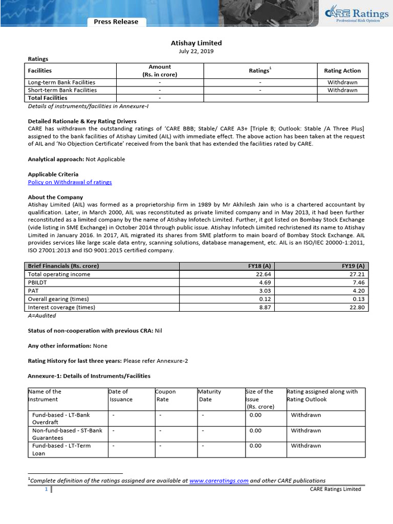 Atishay Infotech Limited Rating Withdrawal | PDF | Banks | Credit ...