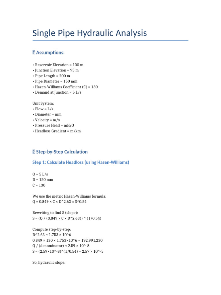 Single Pipe Hydraulic Analysis Results | PDF