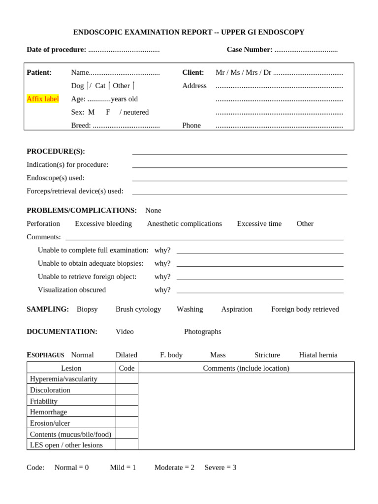 Upper Endoscopy Form WSAVA Final | PDF | Endoscopy | Stomach