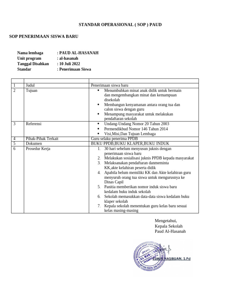 SOP Penerimaan Siswa Baru PAUD | PDF