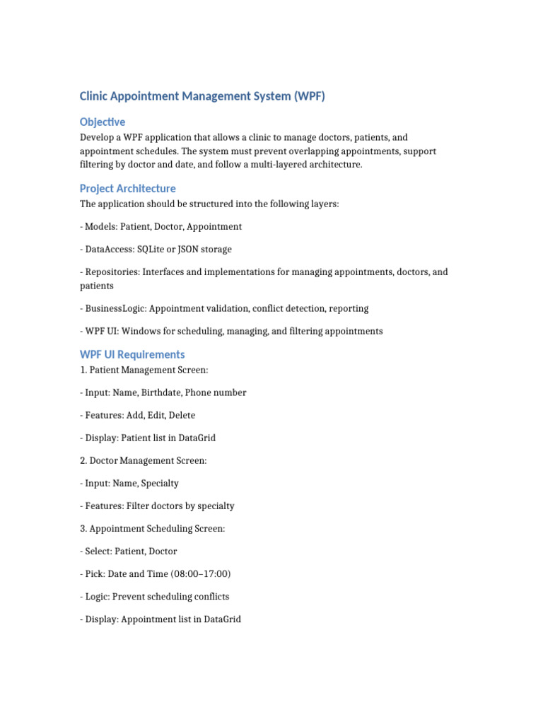 Clinic Appointment WPF Assignment | PDF