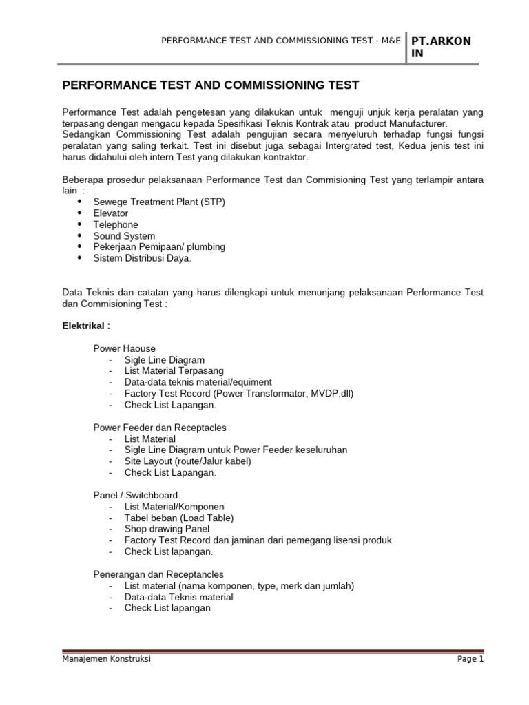 Performance Test and Commissioning Test | PDF