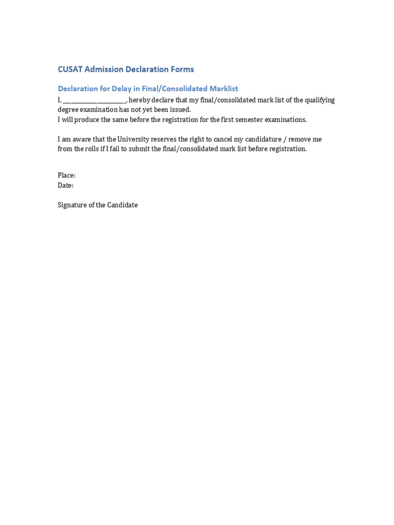 CUSAT Declaration All Missing Documents | PDF