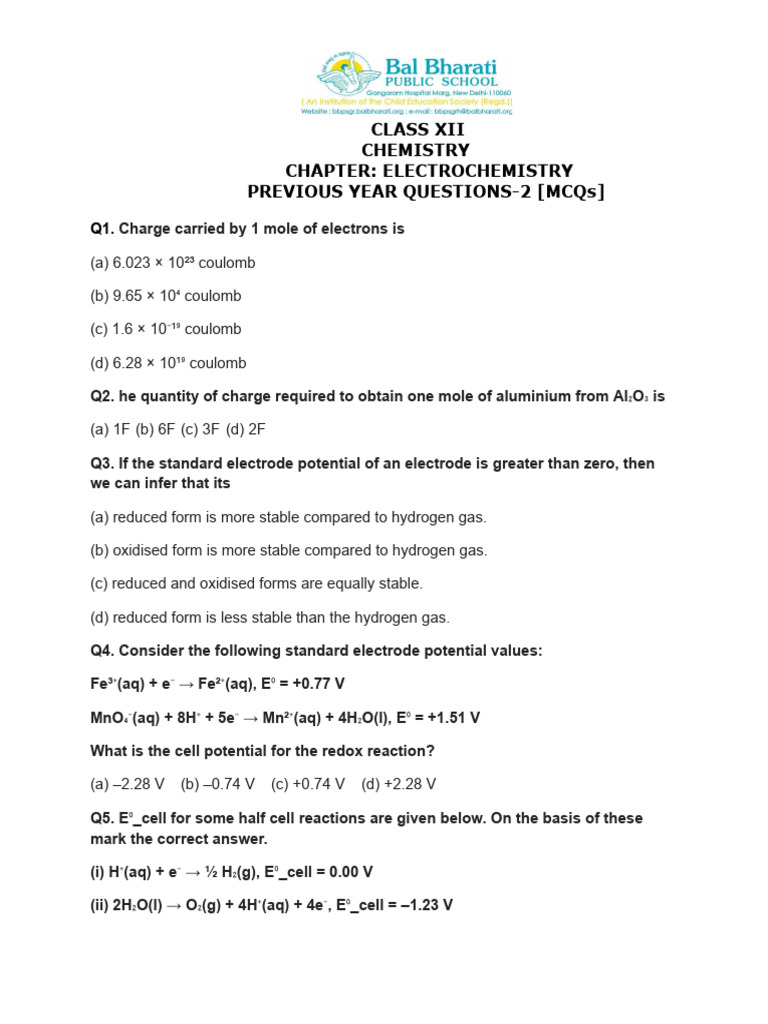 Class Xii Electrochemistry Pyqs-2 | PDF | Redox | Materials