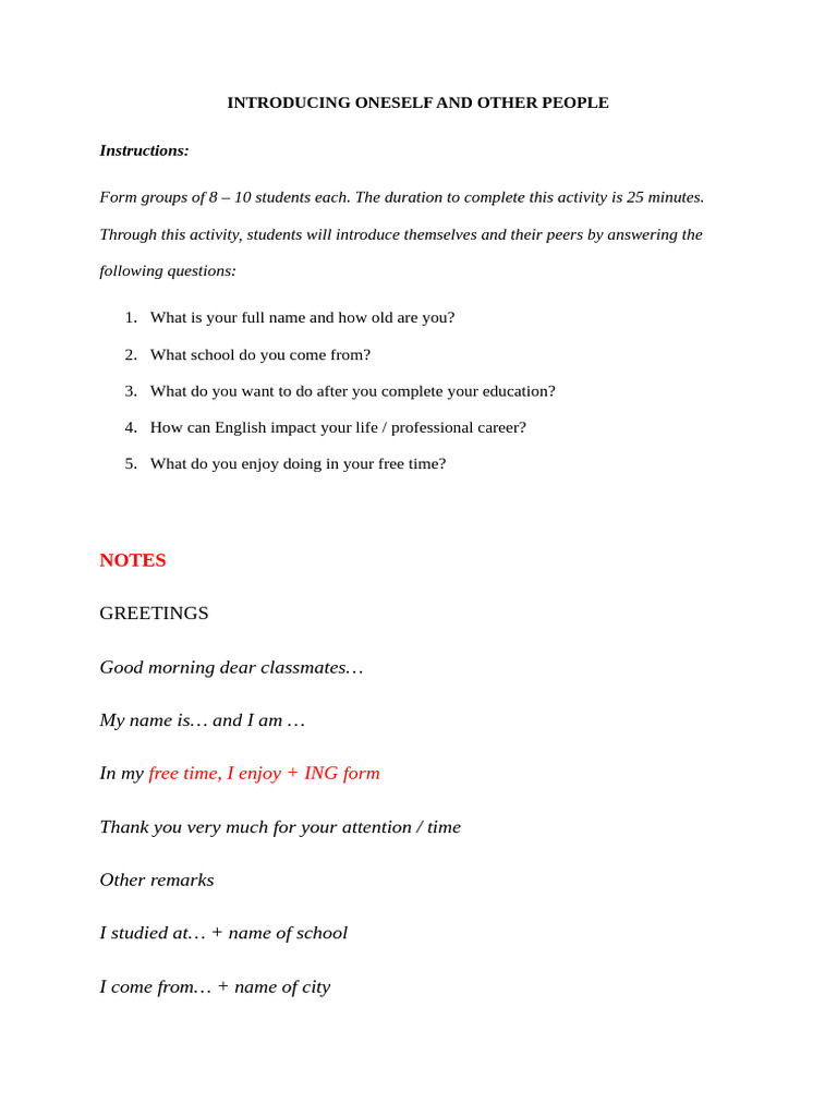 Self-Introduction Activity Guide | PDF