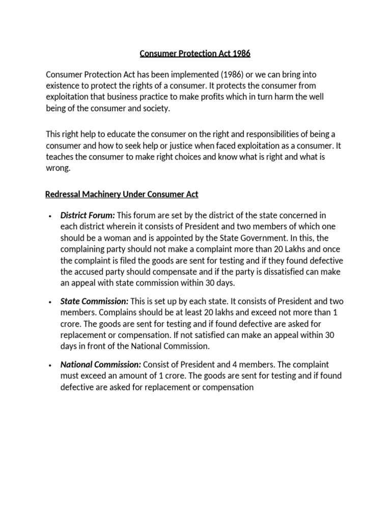 Overview of Consumer Protection Act 1986 | PDF | Complaint | Government ...