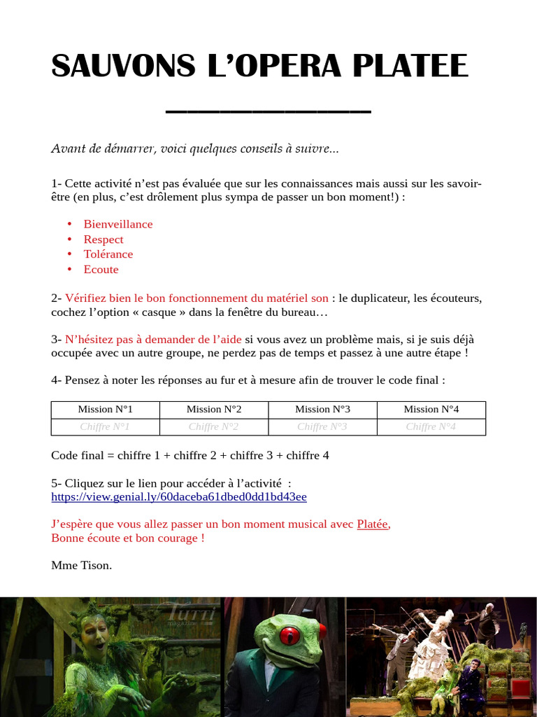 Sauvegarde de l'Opéra Platée : Guide d'Activités | PDF