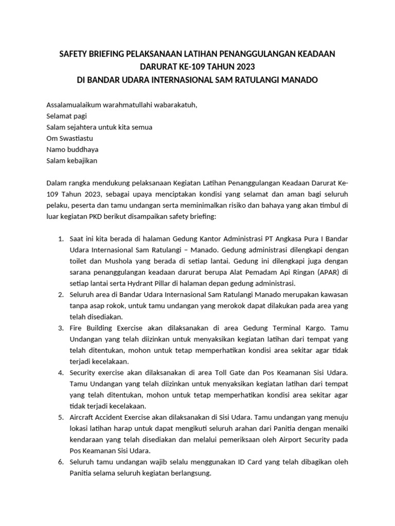 Contoh Safety Briefing Latihan PKD 2 | PDF