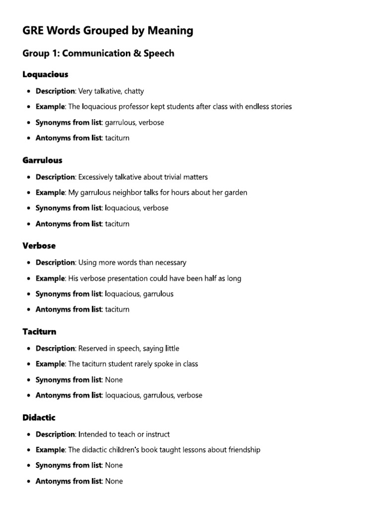 GRE Words Grouped by Meaning | PDF