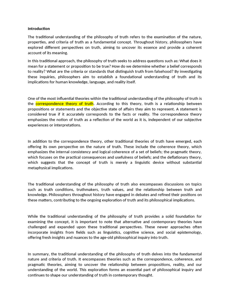 Exploring Traditional Truth Theories | PDF | Truth | Theory