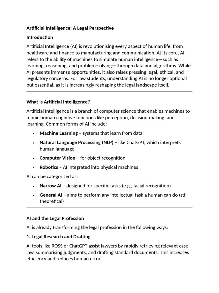 Artificial Intelligence - Legal Eassy 2025, Legal Essay, Artificial ...