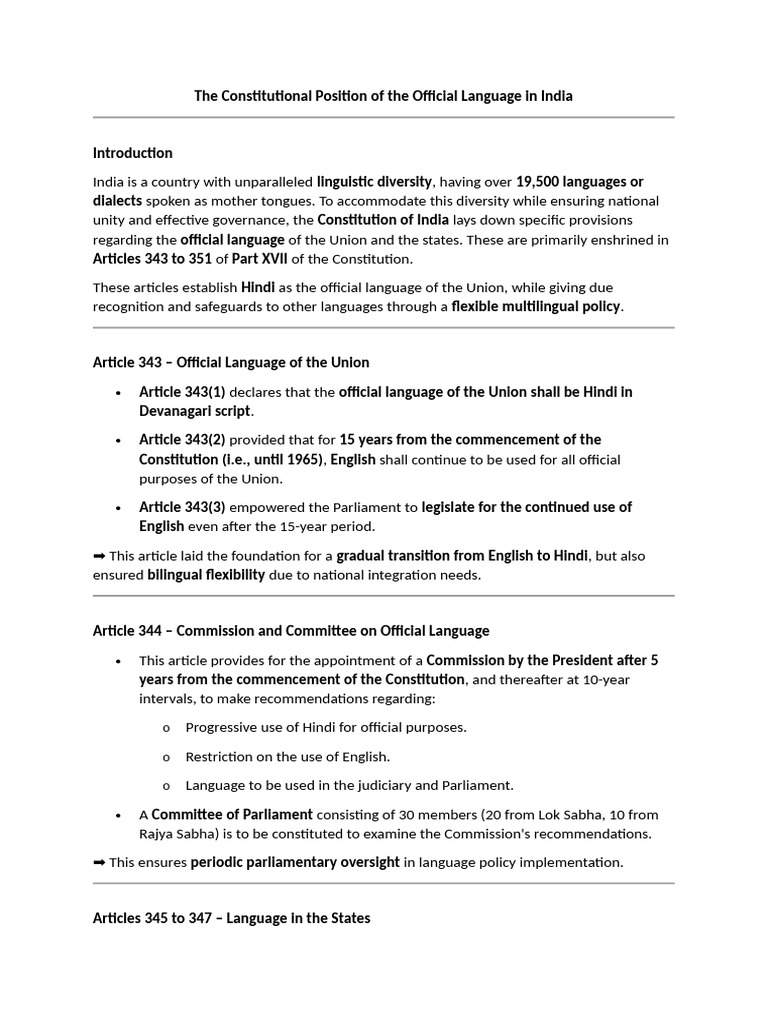 Official Language Provisions in India | PDF | Languages Of India | Treaty
