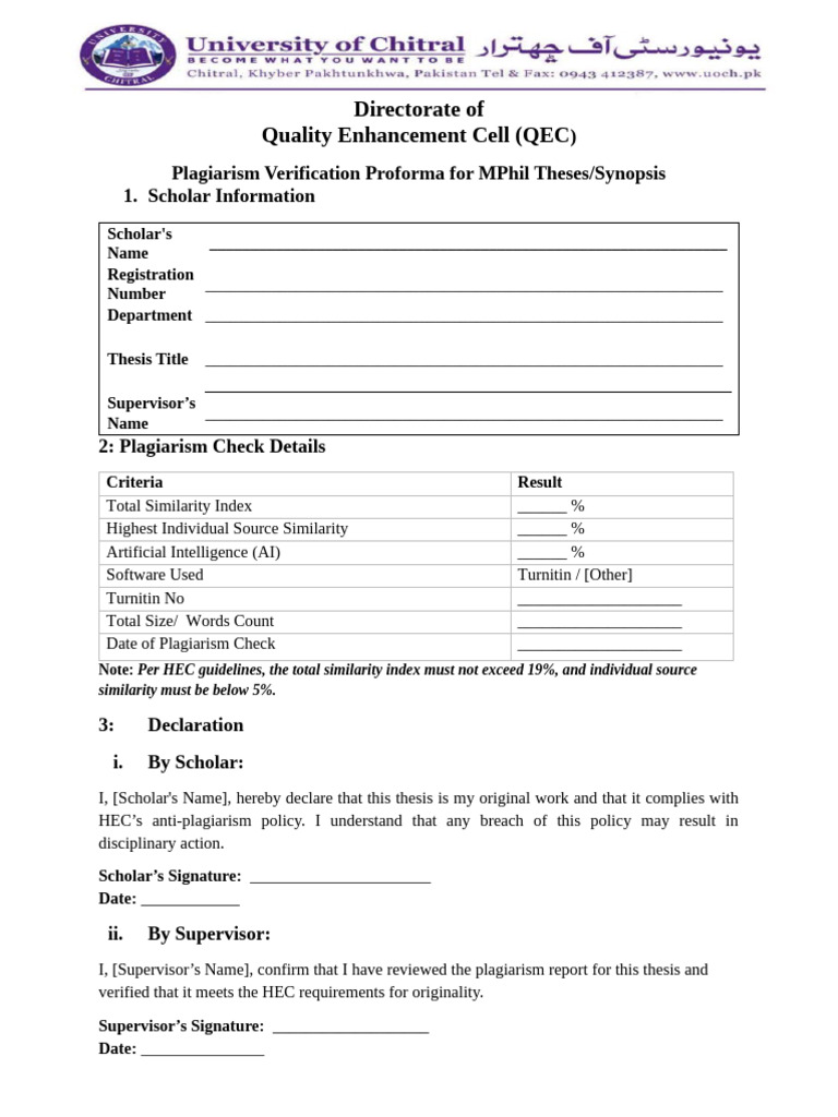 QEC, Plagiarism Verification Proforma | PDF | Thesis | Plagiarism