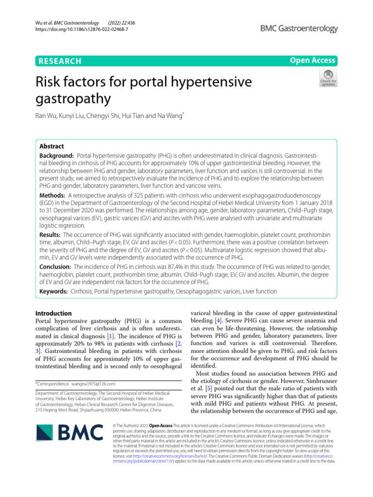 Risk Factors For Portal Hypertensive Gastropathy: Research Open Access ...