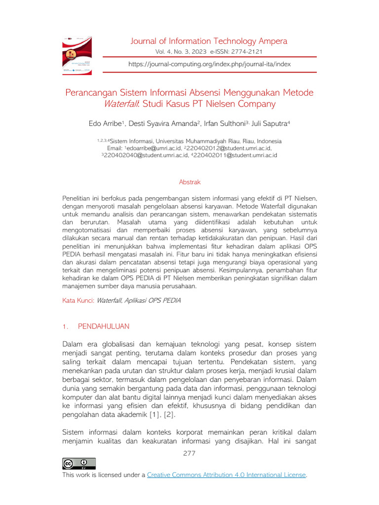 Waterfall: Perancangan Sistem Informasi Absensi Menggunakan Metode: Studi Kasus PT Nielsen ...