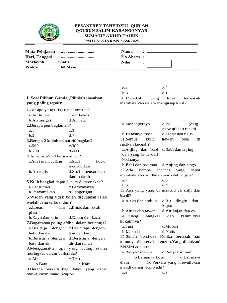 Format Nilai Ujian SAT PTQ Qolbun Salim | PDF
