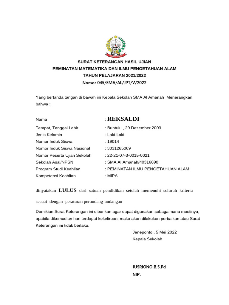Surat Keterangan Hasil Ujian SMA | PDF