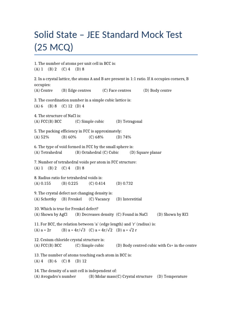 Solid State JEE Mock Test | PDF | Crystal Structure | Applied And ...