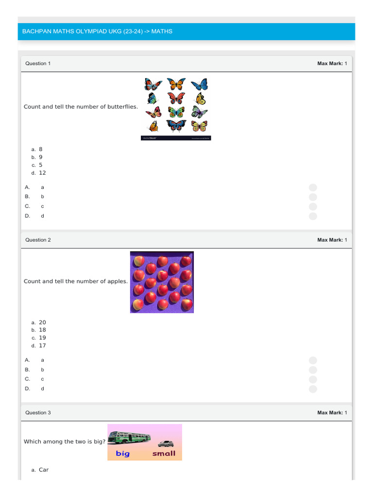 Bachpan Maths Sample Paper UKG - MATHS | PDF