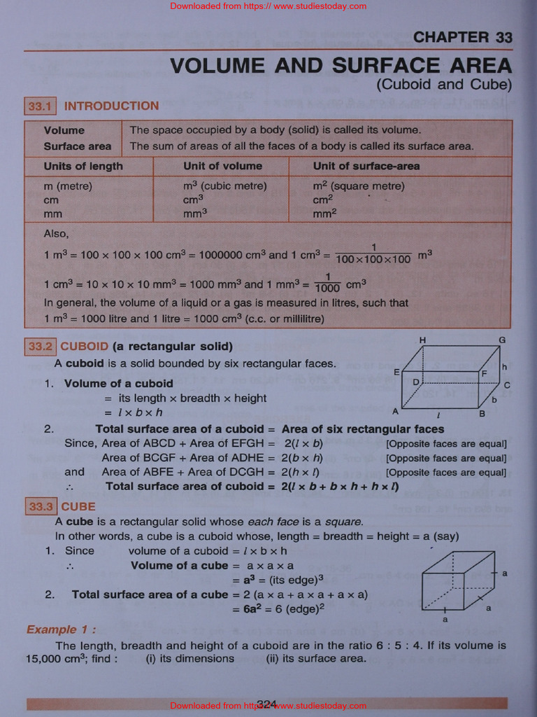 ICSE Class 8 Maths Chapter 33 Volume and Surface Area Cuboid Cube | PDF