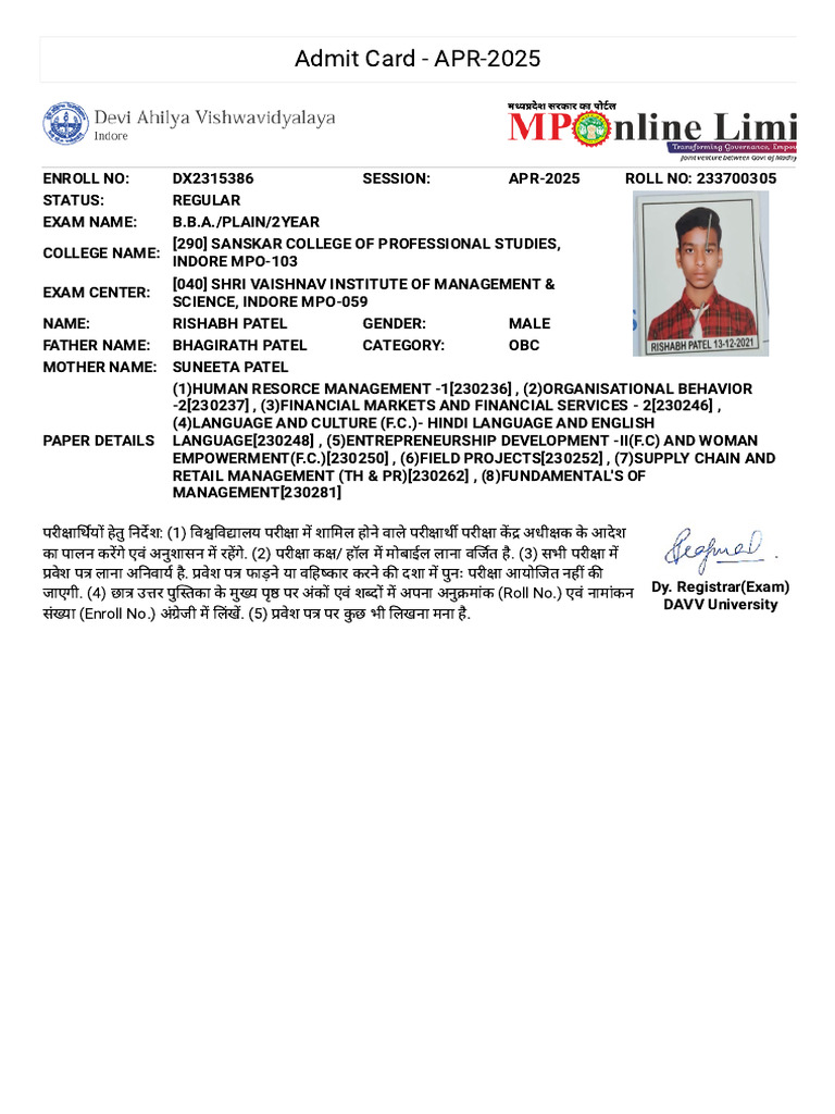2nd Year Admit Card | PDF