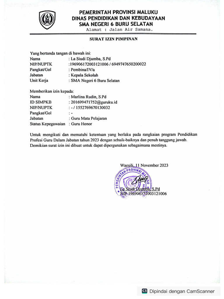 Marlina Rudin- SMAN 6 Buru Selatan Surat Ijin Pimpinan+Surat Pemberitahuan PPG | PDF