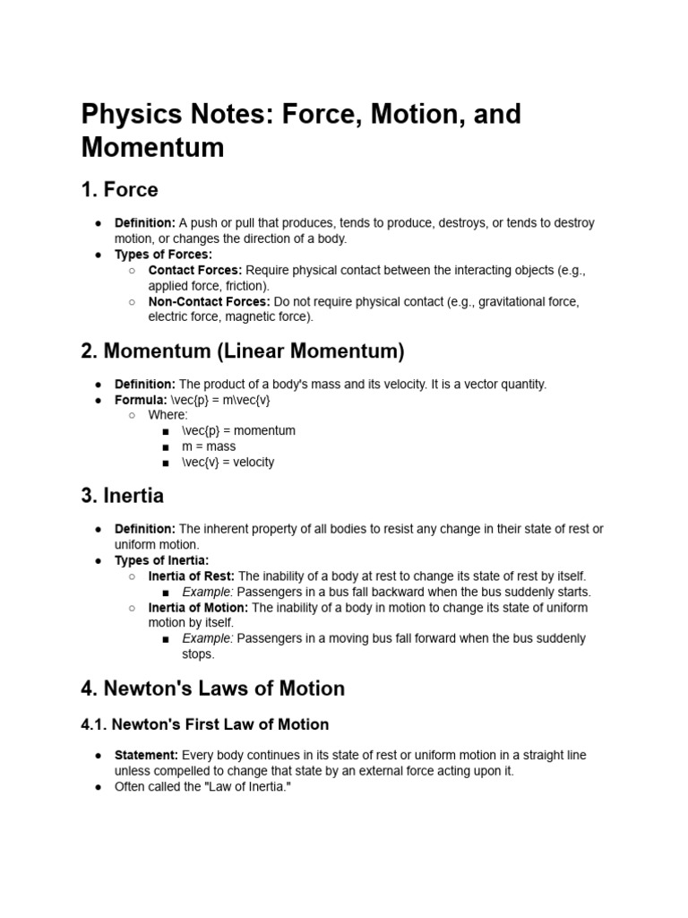 Physics Notes - Force, Motion, and Momentum | PDF | Force | Inertia
