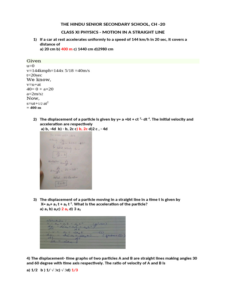 XI - MOTION IN ST LINE - MCQ - Answers | PDF | Acceleration | Speed