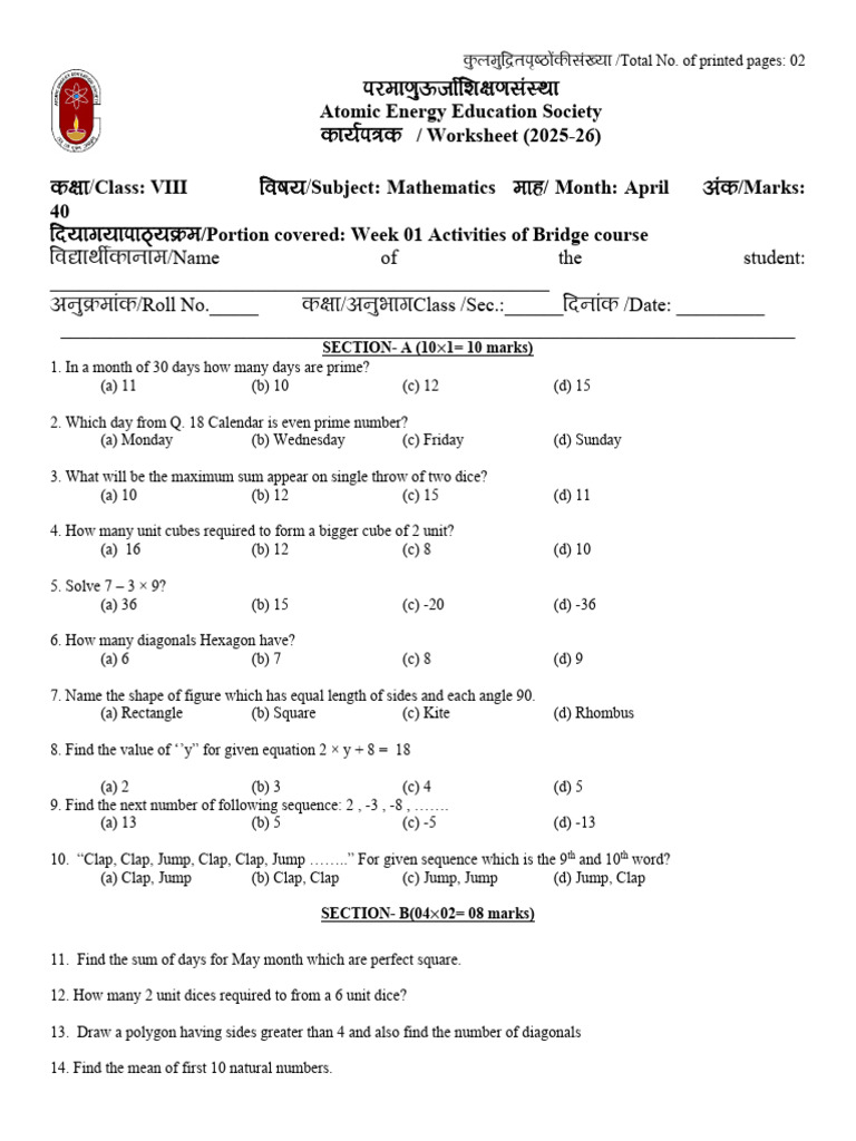 Worksheet Class-8 Mathematics BridgeProgramme W1 | PDF | Algebra ...