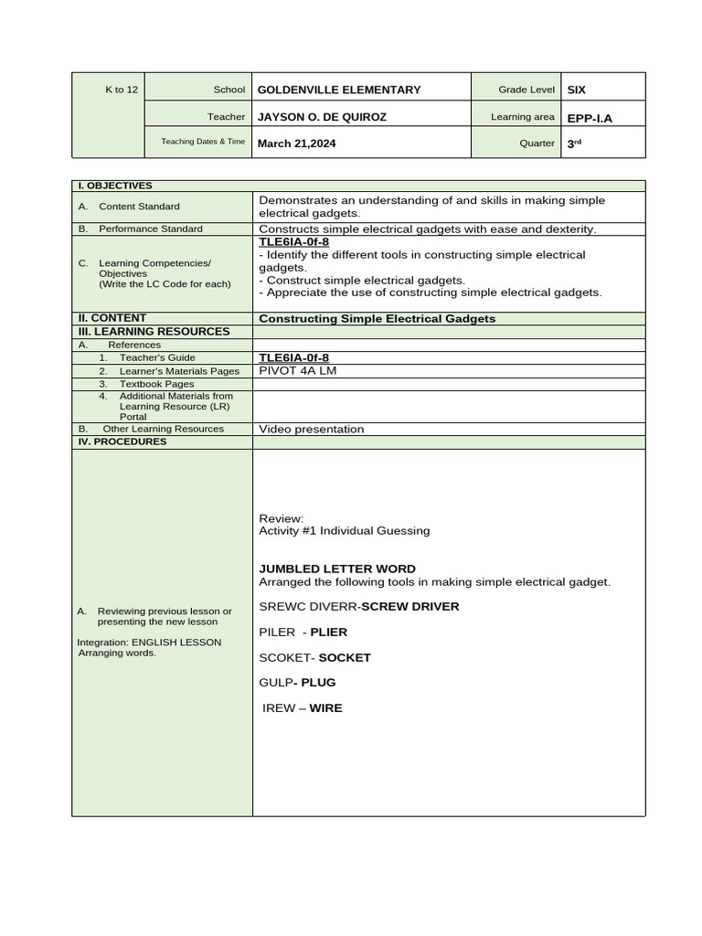 Cot - DLP - Epp 6 by Teacher Cherrie Ann A. Dela Cruz | PDF | Tools | Screw