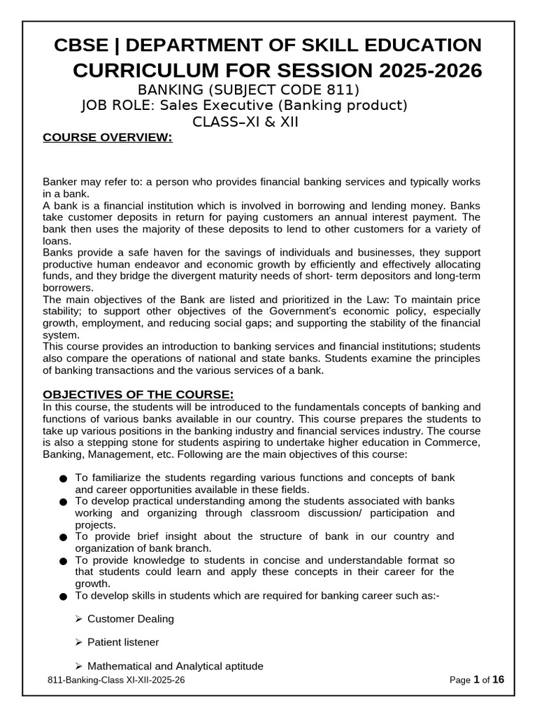 811 Banking Curriculum Class XI & XII For The Session 25-26 | PDF ...
