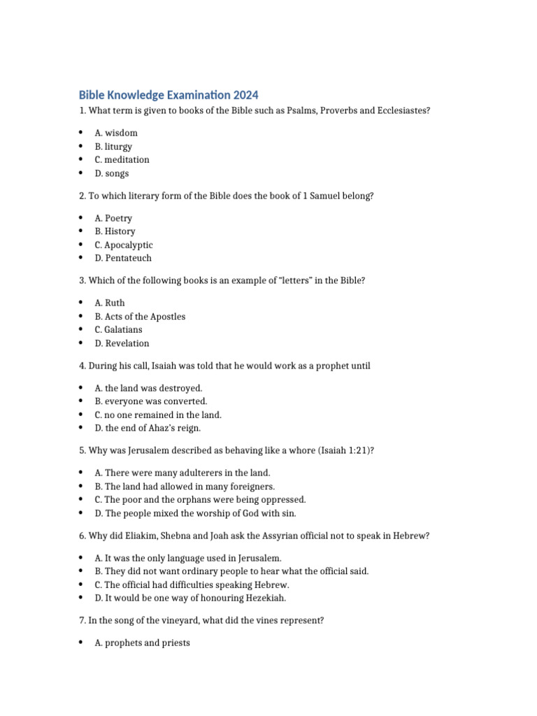 Bible Knowledge Exam 2024 Guide | PDF