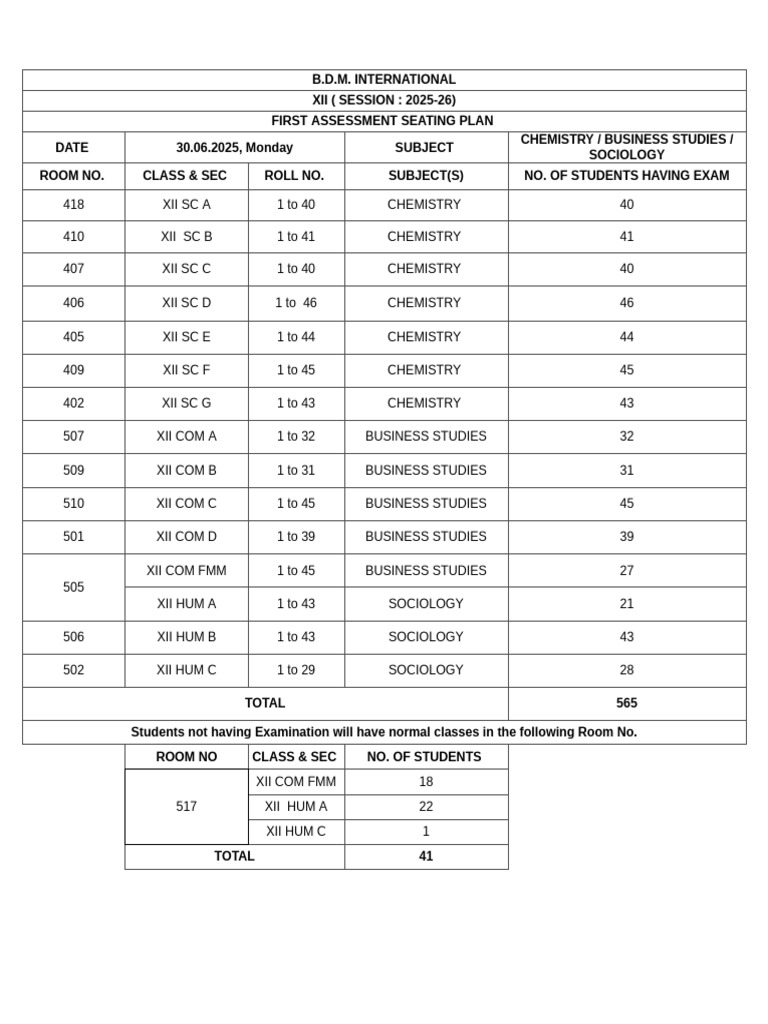 XII First Assessment Seating Plan - 30.06.25 | PDF