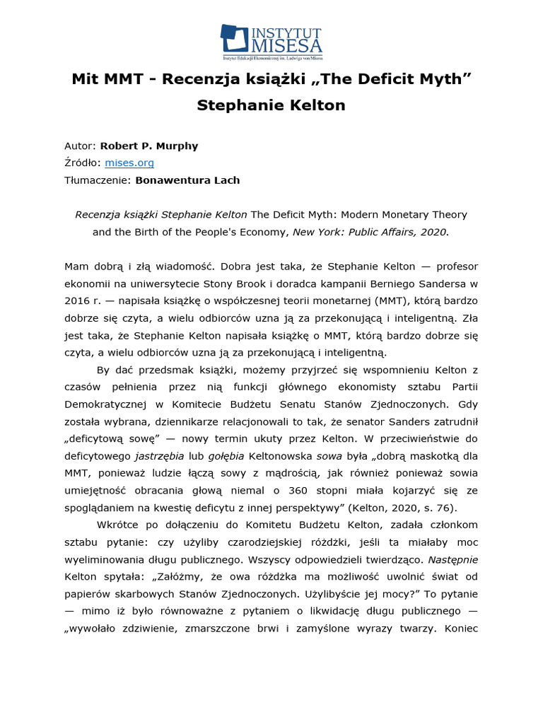 Murphy Mit MMT Recenzja Ksiazki The Deficit Myth Stephanie Kelton | PDF