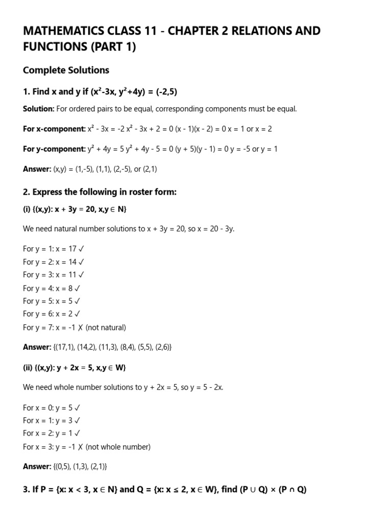 Class 11 Relations and Functions Part 1 - Complete Solutions | PDF ...