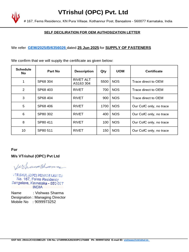 Oem Authorization Letter - Hal Kanpur - 16 Jul2025 | PDF