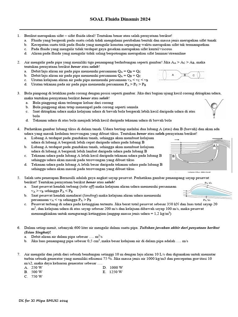 Soal Fluida Dinamis XI Mipa 2024 | PDF